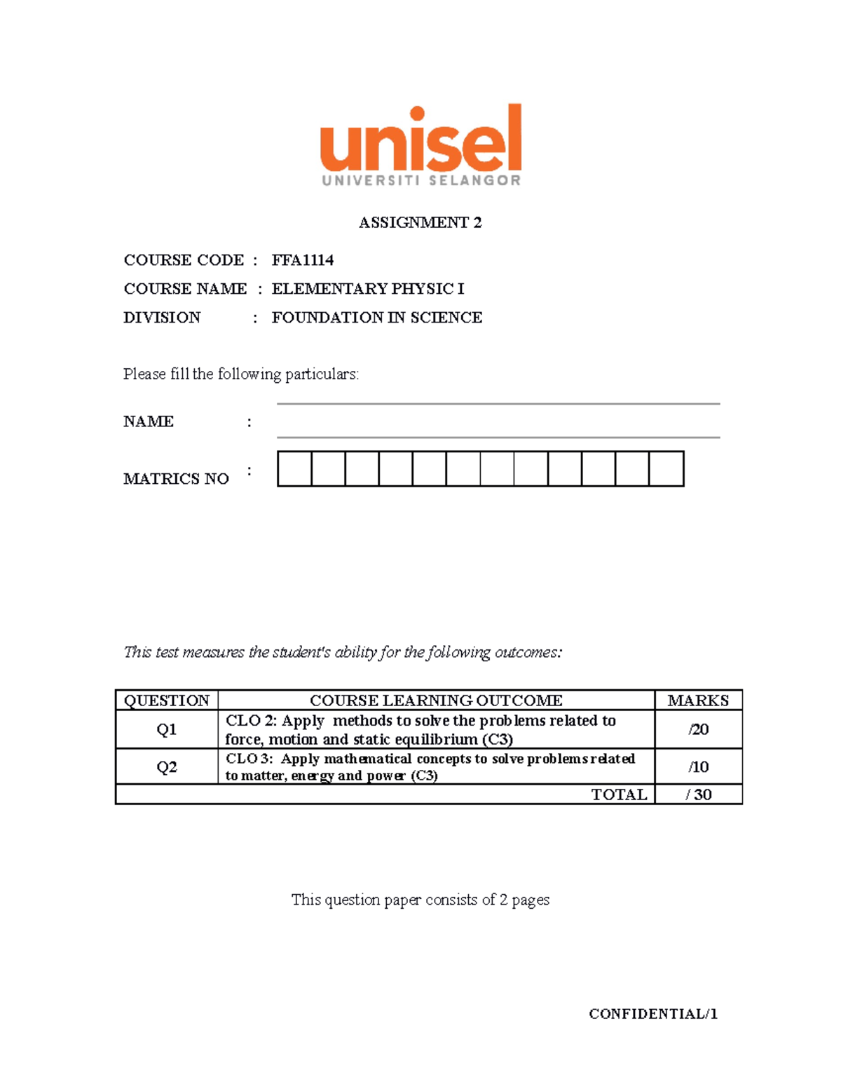 power and energy - ASSIGNMENT 2 COURSE CODE : FFA COURSE NAME ...
