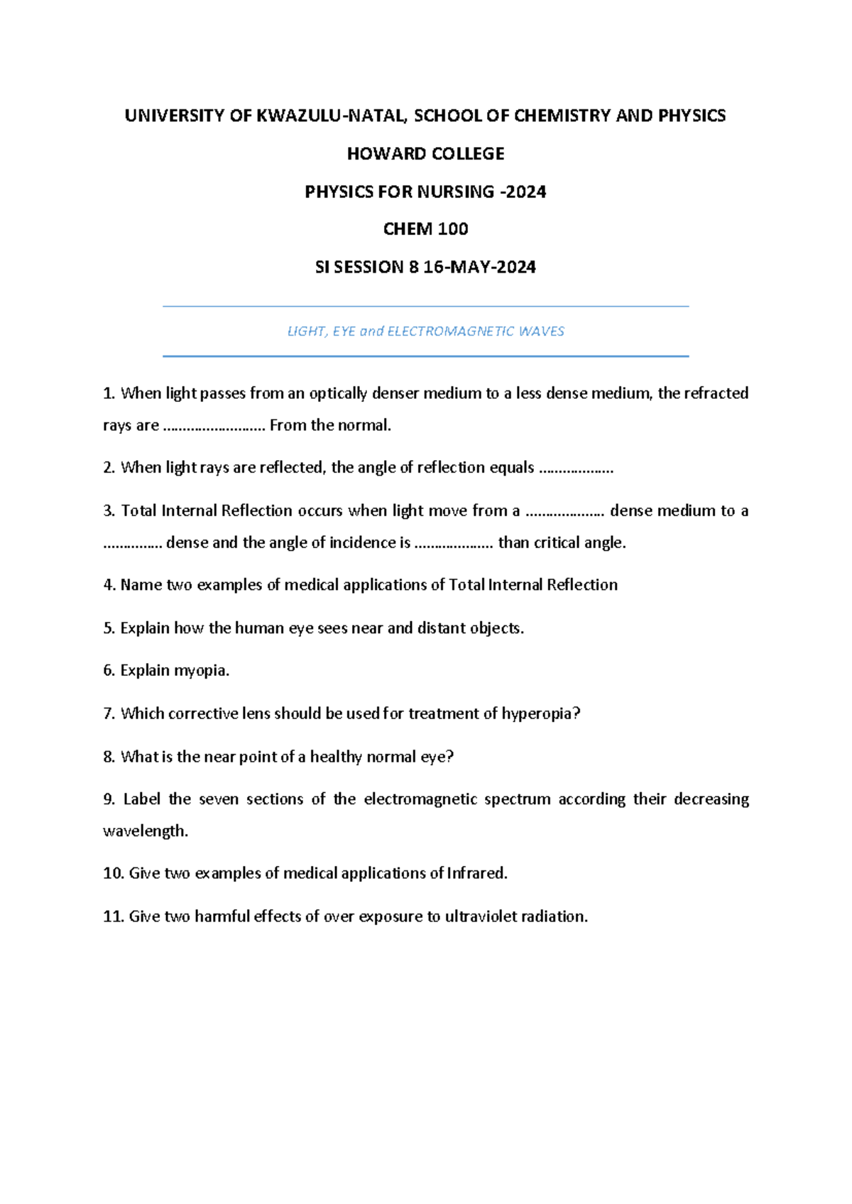 SI Session 8 - Exam preparation - UNIVERSITY OF KWAZULU-NATAL, SCHOOL ...