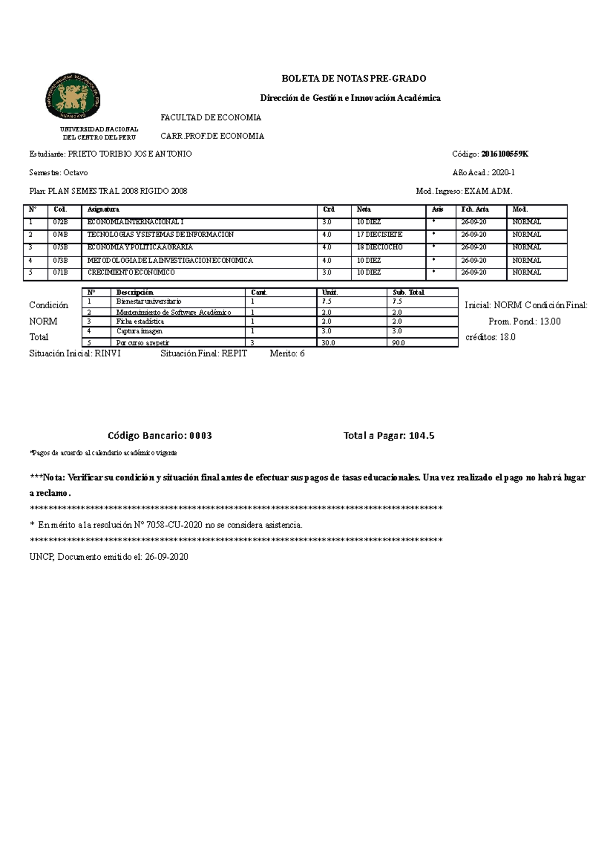 Analisis 3 y ultima - BOLETA DE NOTAS PRE-GRADO Dirección de Gestión e ...