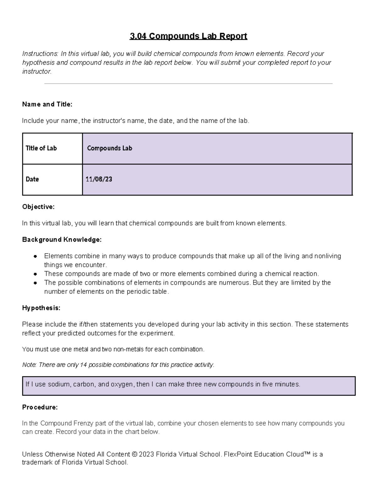 Compound lab report - NOT BIOLOGY science 3 flvs flex - 3 Compounds Lab ...