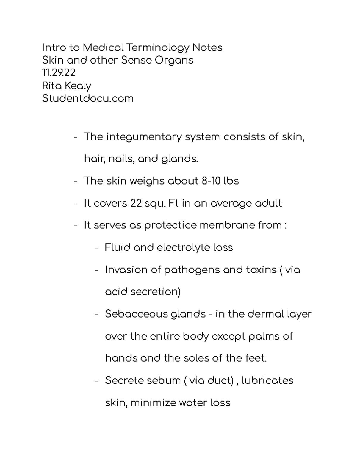 Skin Notes - Intro to Medical Terminology Notes Skin and other Sense ...