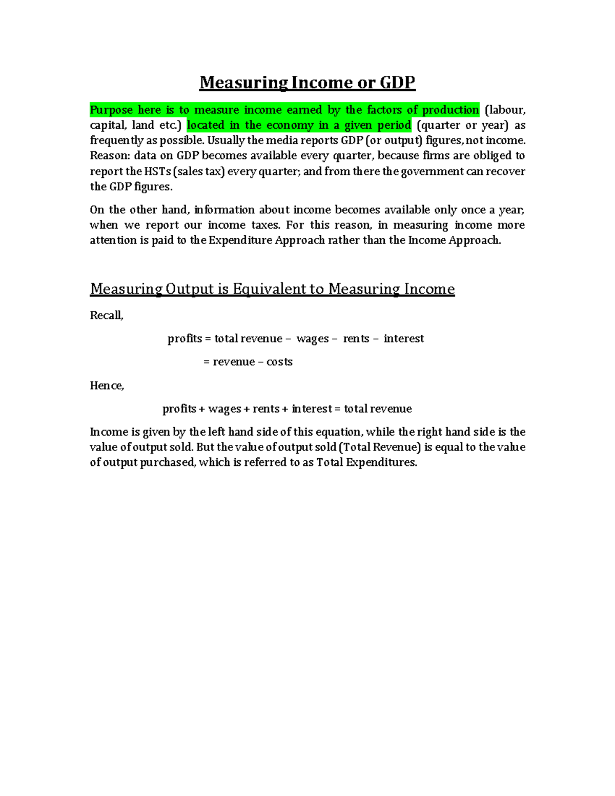Https:eclass.yorku.ca:pluginfile - Measuring Income or GDP Purpose here ...
