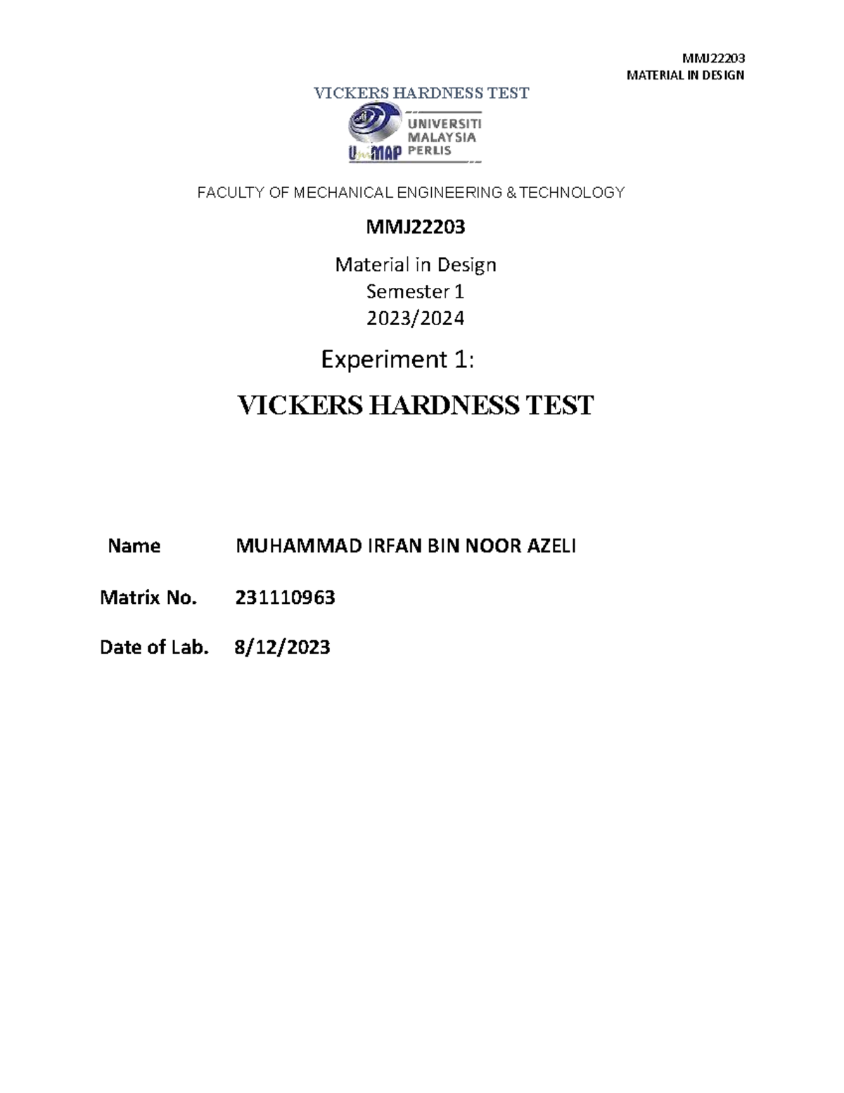 Lab Hardness test - ans - MATERIAL IN DESIGN VICKERS HARDNESS TEST ...