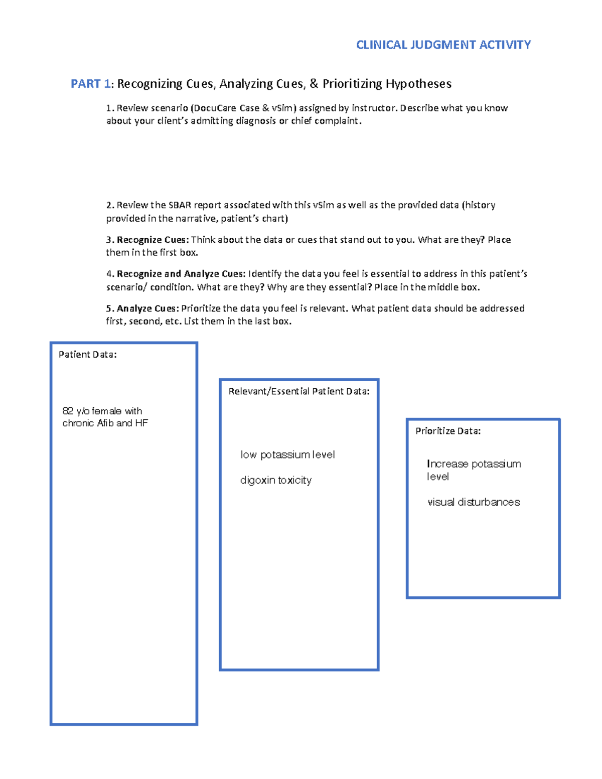 Pre-Sim Clinical Judgment Worksheet - CLINICAL JUDGMENT ACTIVITY PART 1 ...