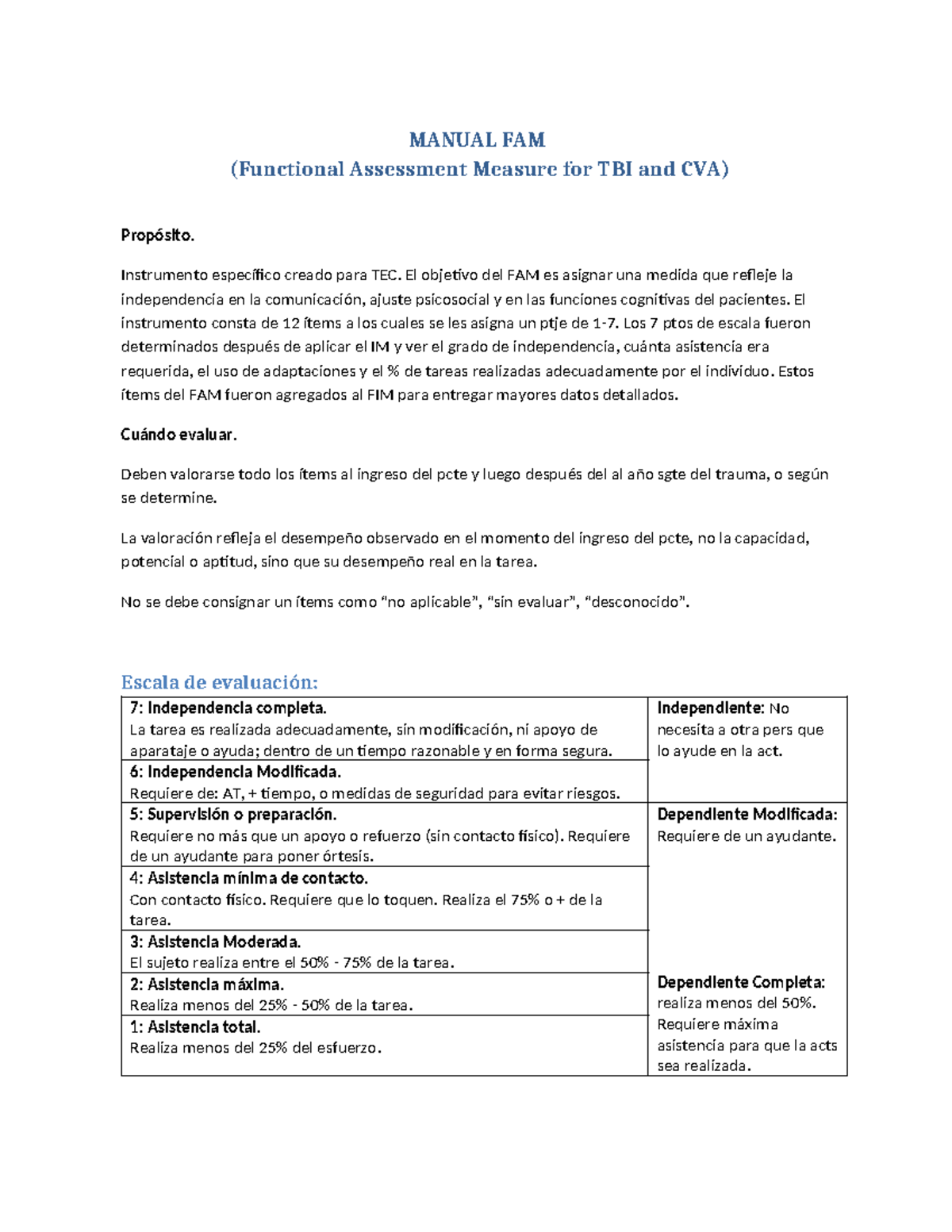 Manual FAM - MANUAL FAM (Functional Assessment Measure for TBI and CVA ...
