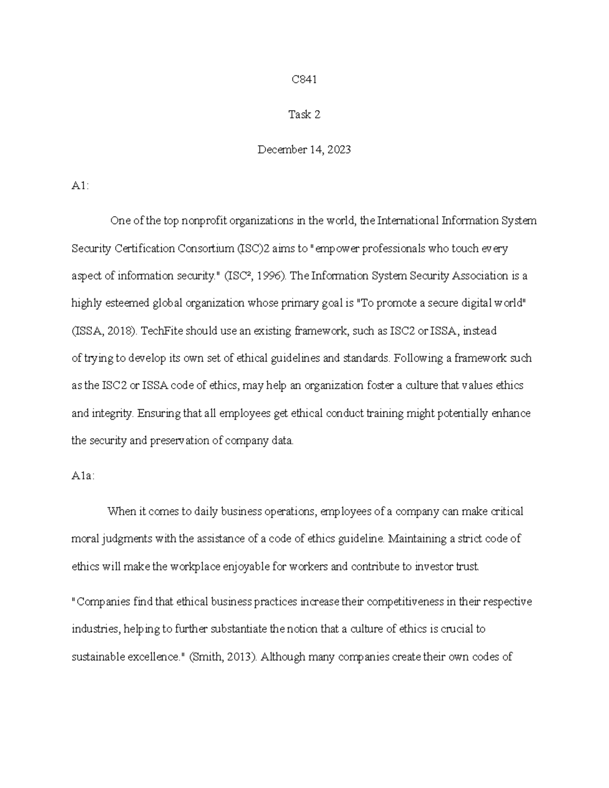 Task 2 Final Draft - C Task 2 December 14, 2023 A1: One of the top ...