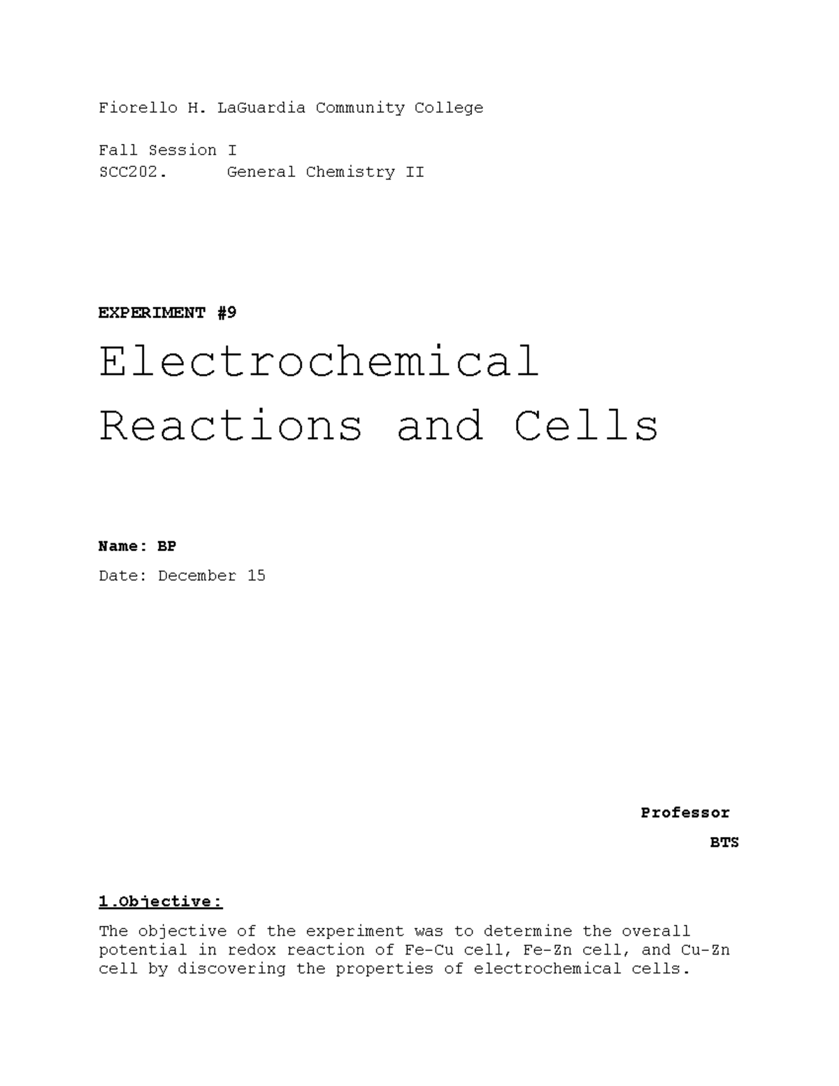 Lab9-Electrochemical Reactions and Cells - Fiorello H. LaGuardia ...
