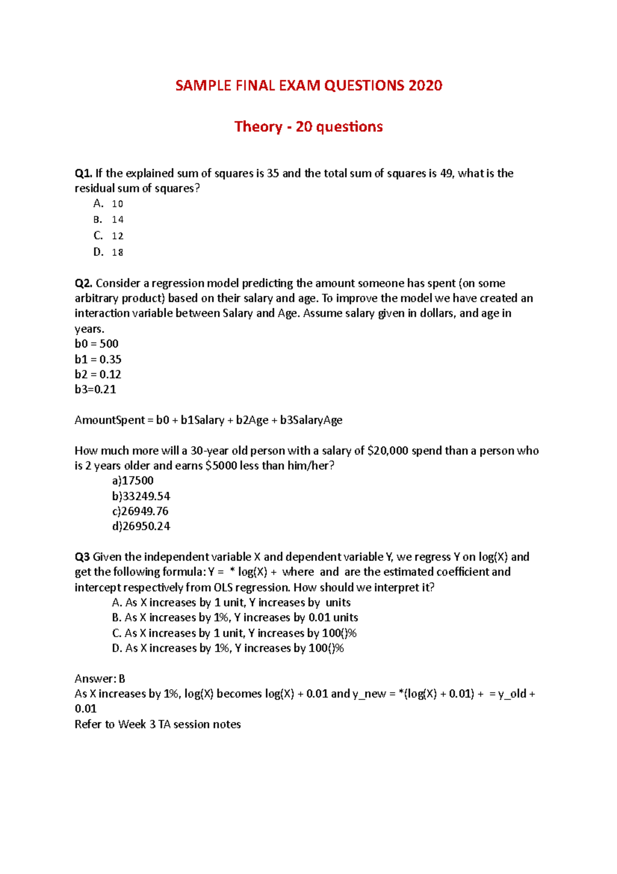 Sample Final Fall 2020 - SAMPLE FINAL EXAM QUESTIONS 2020 Theory - 20 questions Q1. If the ...