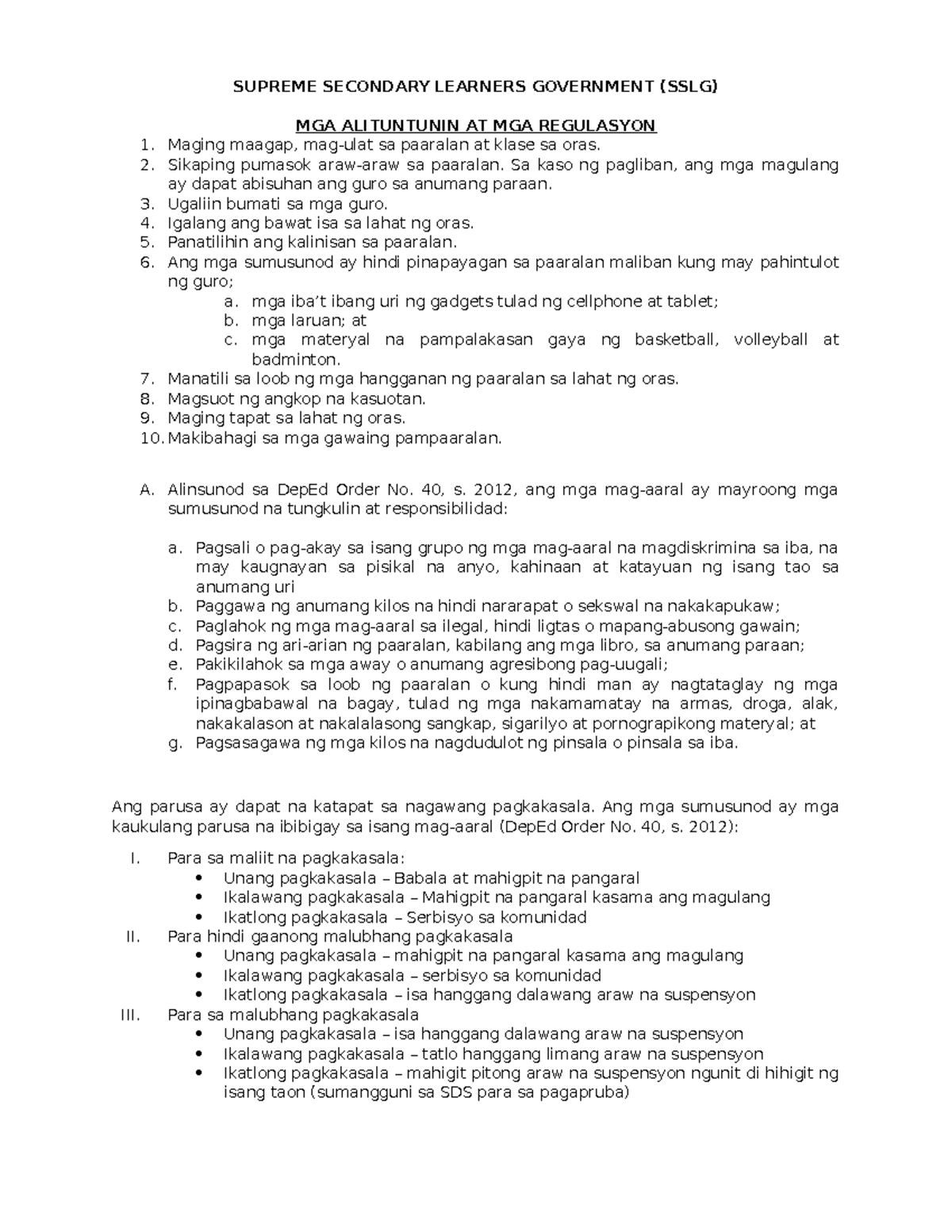 Sslg rules and regulation - SUPREME SECONDARY LEARNERS GOVERNMENT (SSLG ...