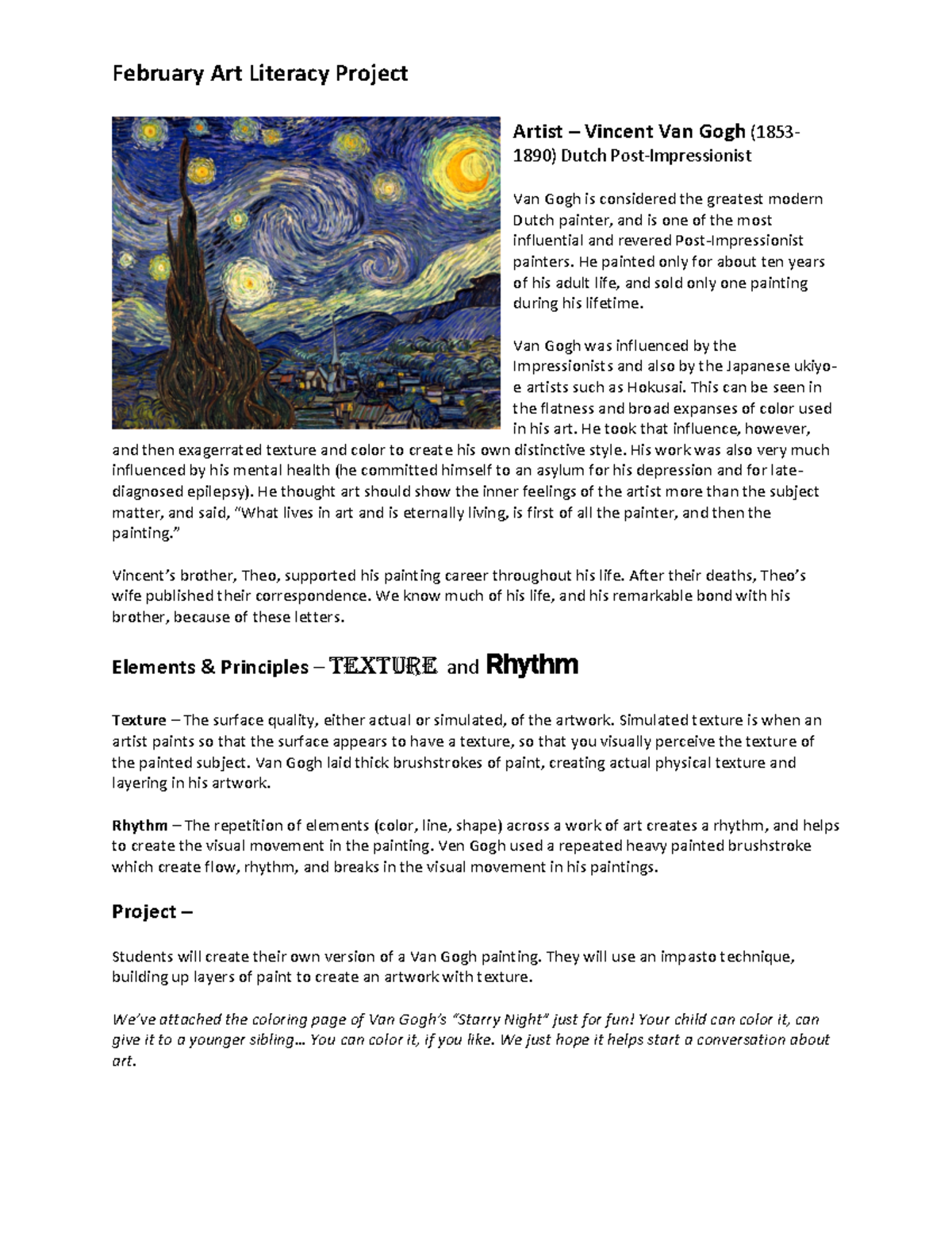 Art Literacy Go-Home Van Gogh - February Art Literacy Project Artist ...