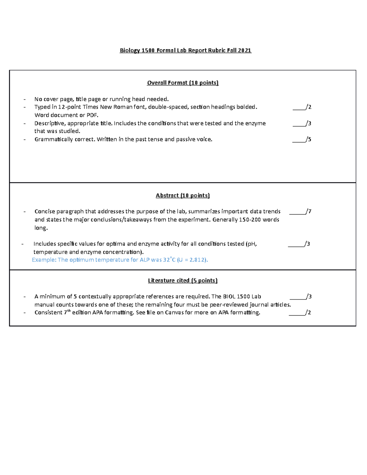 Enzyme Lab Report Rubric BIOL1500 Fall 2021 - Biology 1500 Formal Lab ...