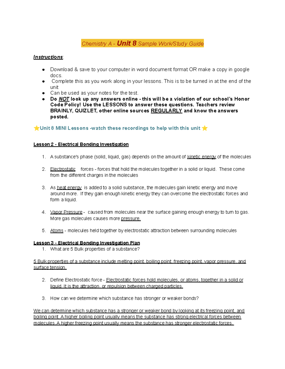 Chemistry 11 Unit 8 Study Guide - Chemistry A - Unit 8 Sample Work ...