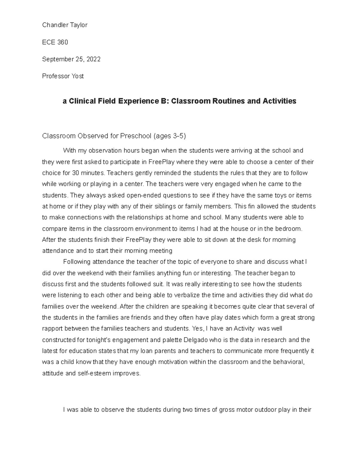 CFE B - Class Assignment - ECE 360 September 25, 2022 Professor Yost a ...