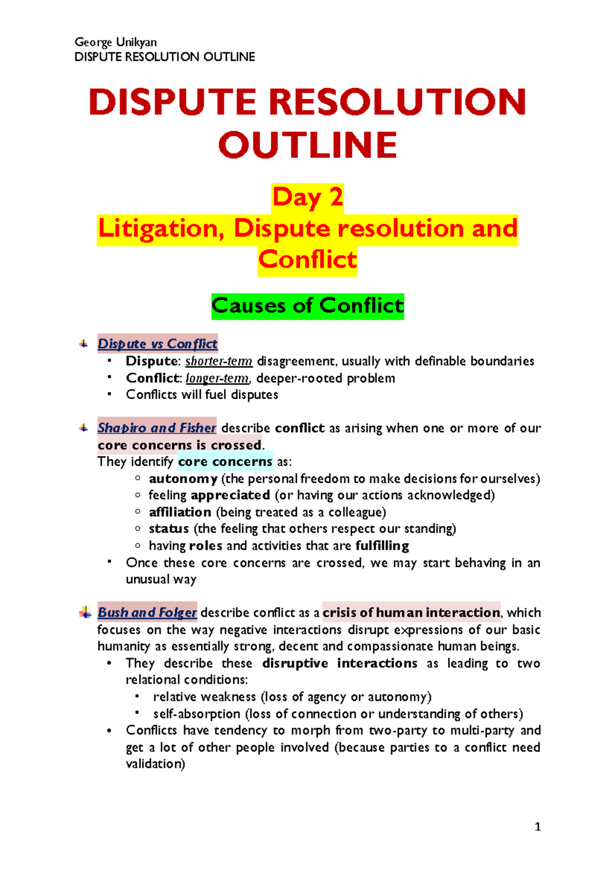 Dispute Resolution LAWS5109 - DISPUTE RESOLUTION OUTLINE DISPUTE ...