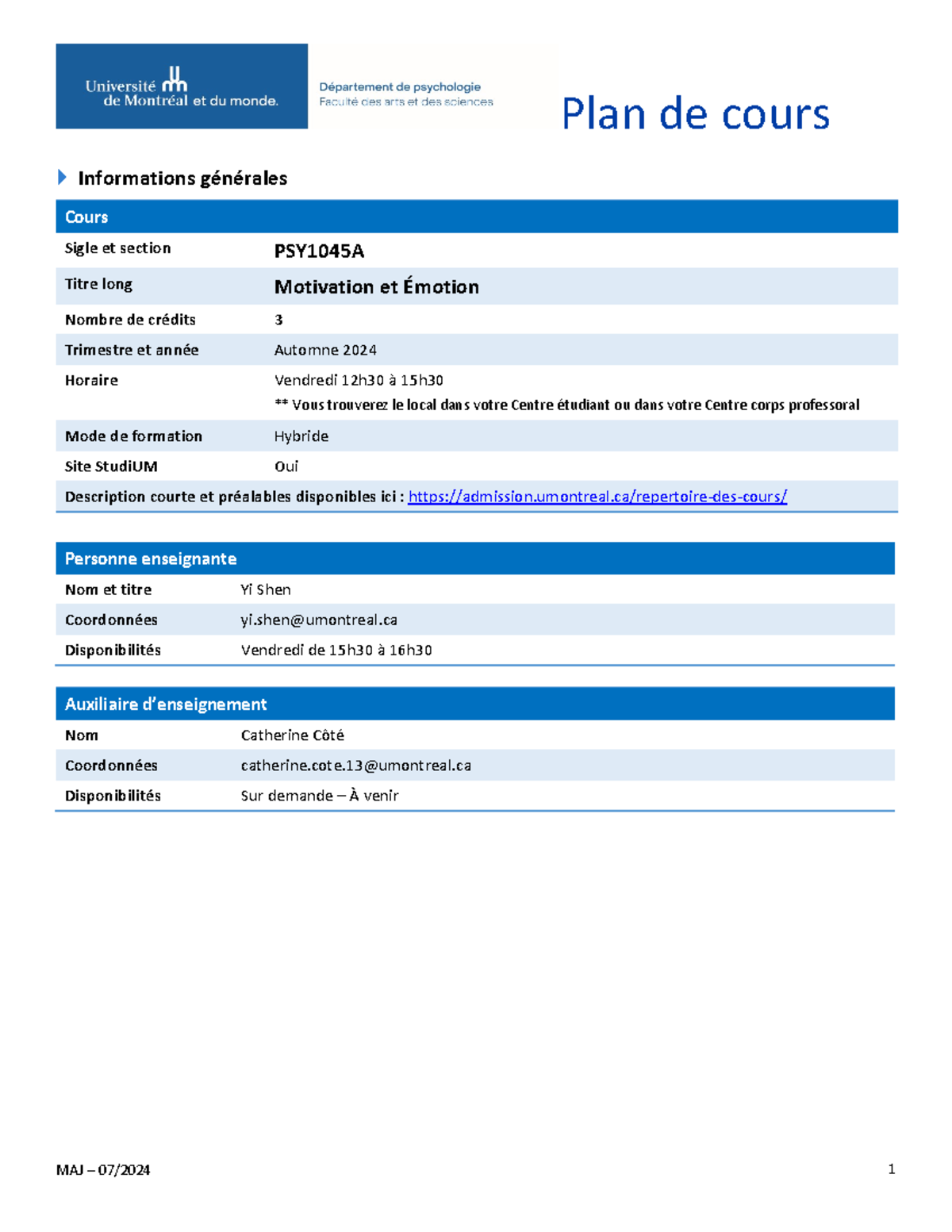 Plan de cours - Informations générales Cours Sigle et section PSY1045A ...