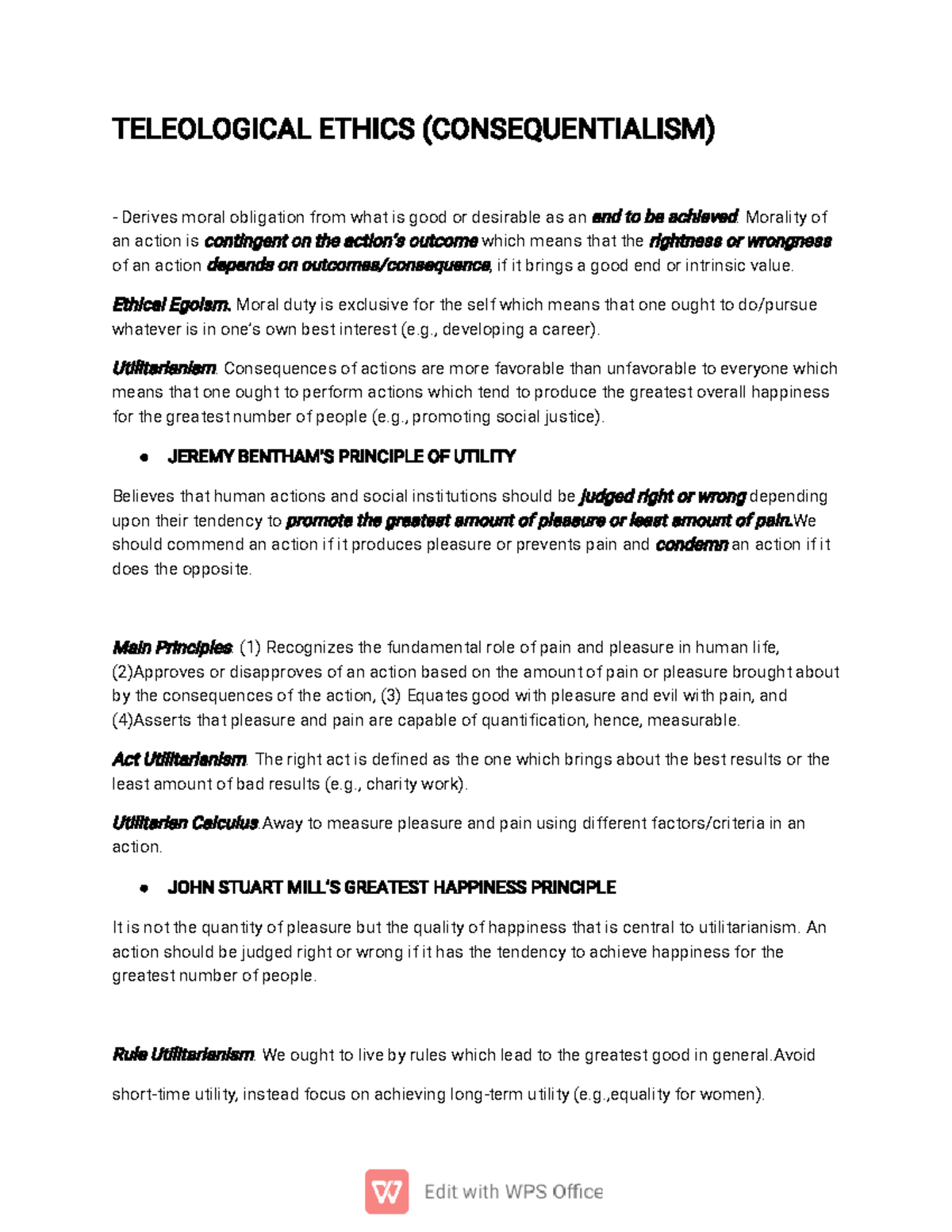 Teleological Ethics - TELEOLOGICAL ETHICS (CONSEQUENTIALISM) Derives moral obligation from what ...