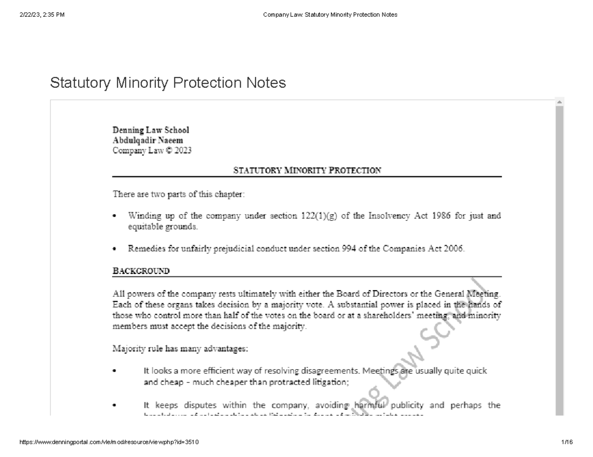 Company Law Statutory Minority Protection Notes - Statutory Minority ...
