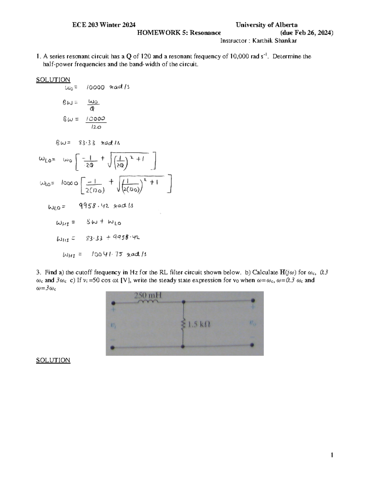 HW#5 solutions to odd-numbered problems - ECE 203 Winter 2024 University of Alberta HOMEWORK 5 ...