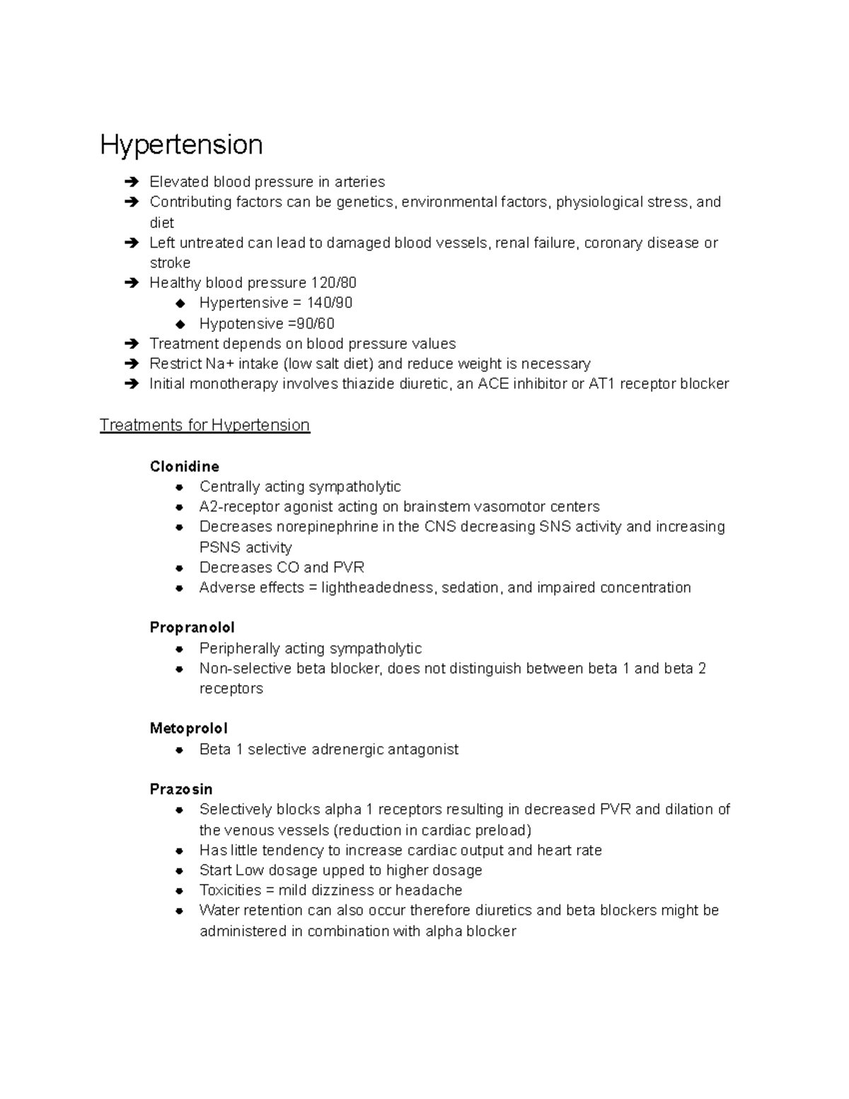 Pharm Final Notes - Hypertension Elevated blood pressure in arteries ...