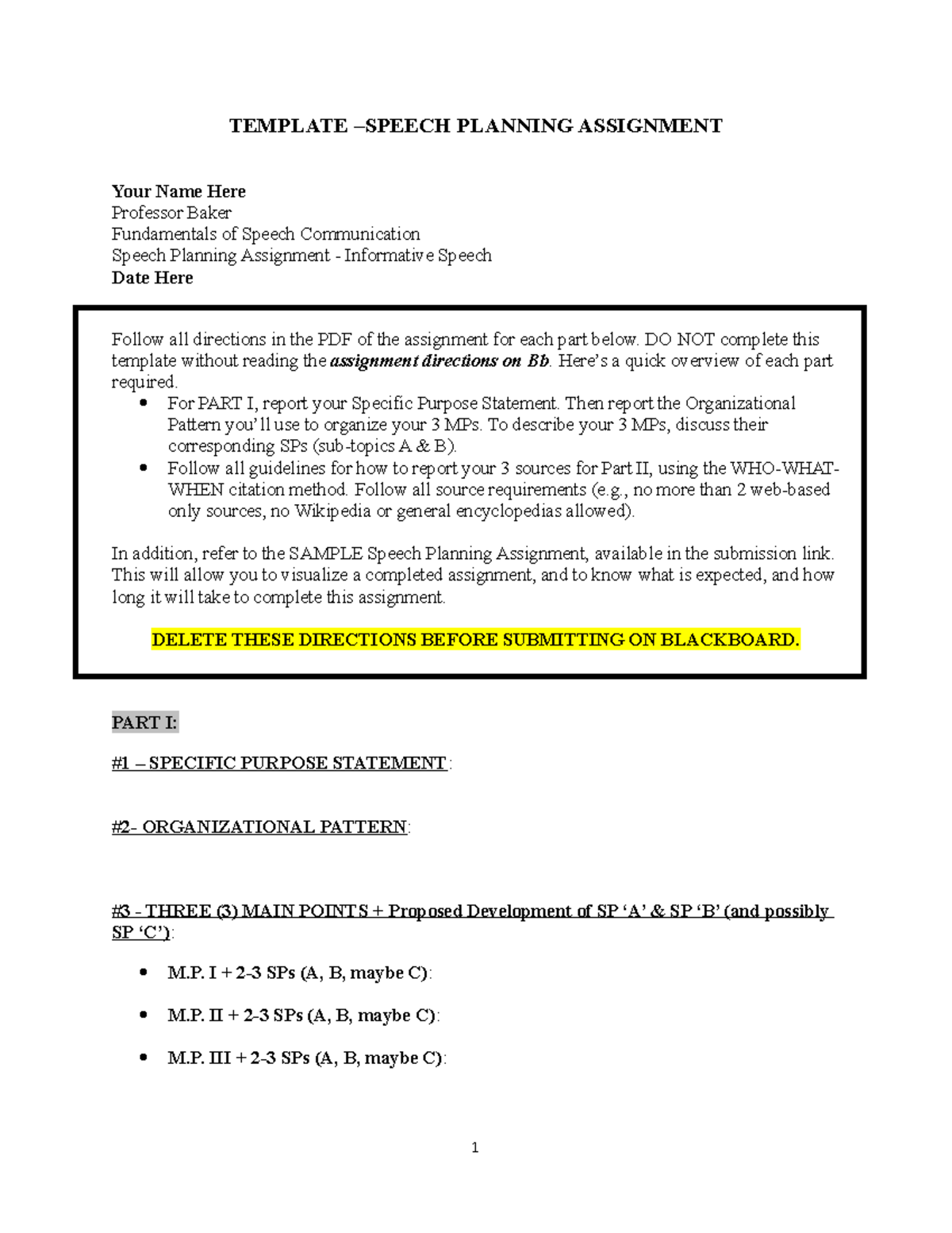 Template Speech Planning Assignment FA23 Speech 1100 165 - TEMPLATE ...