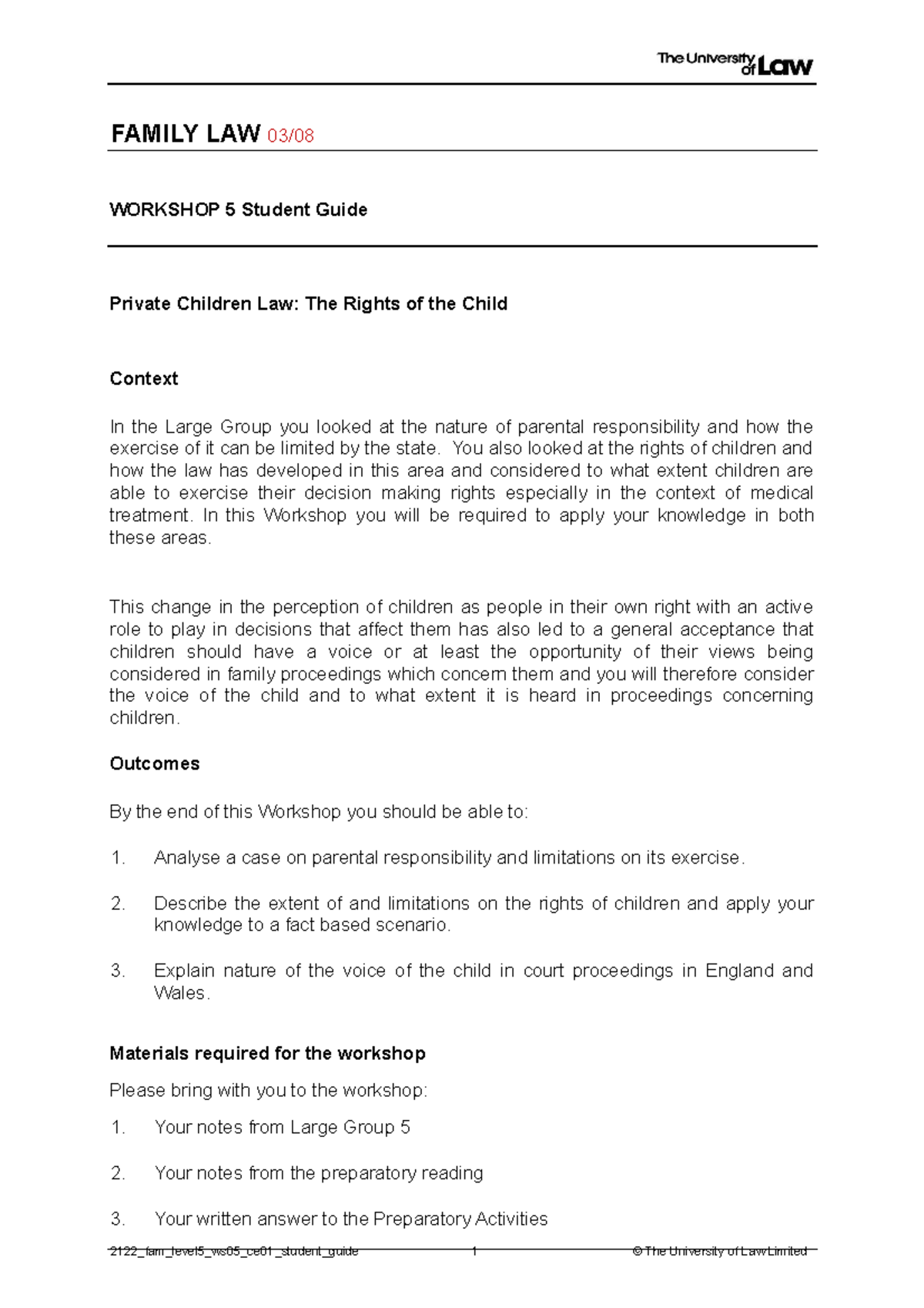 FAM WK5 WS Private Children Law The Rights of the Child - FAMILY LAW 03 ...