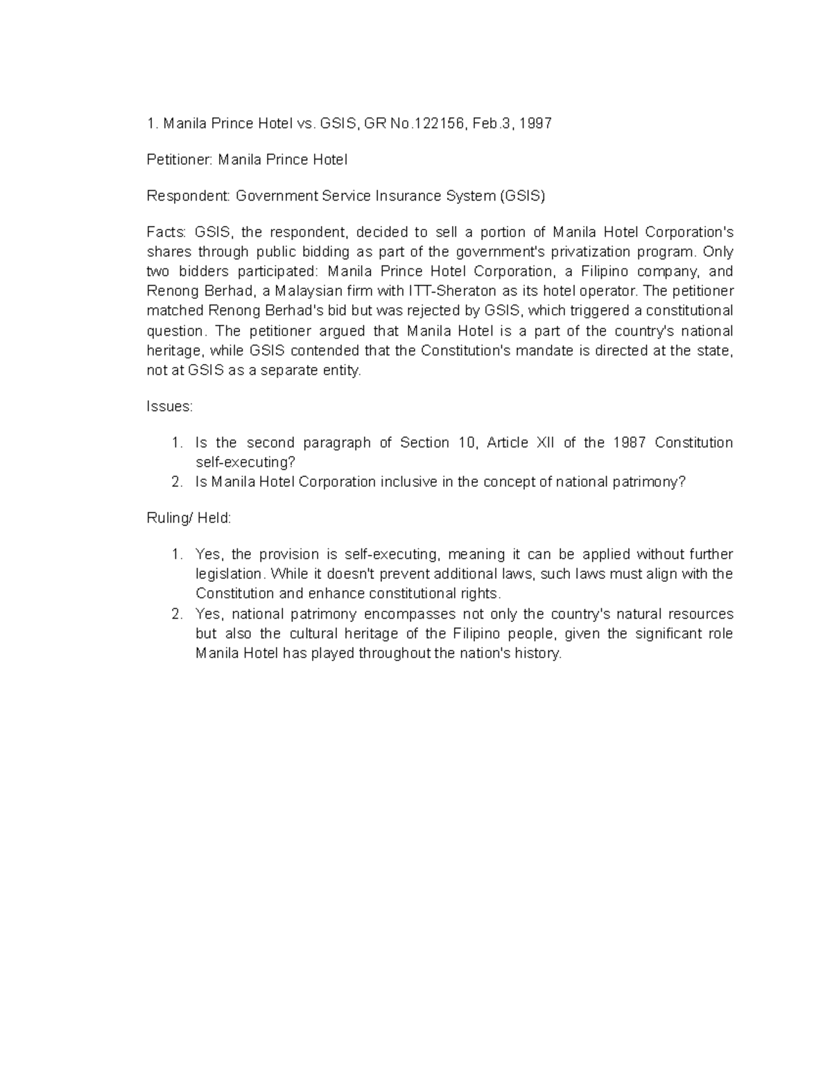 Case Digest - Manila Prince Hotel vs. GSIS, GR No.122156, Feb.3, 1997 ...