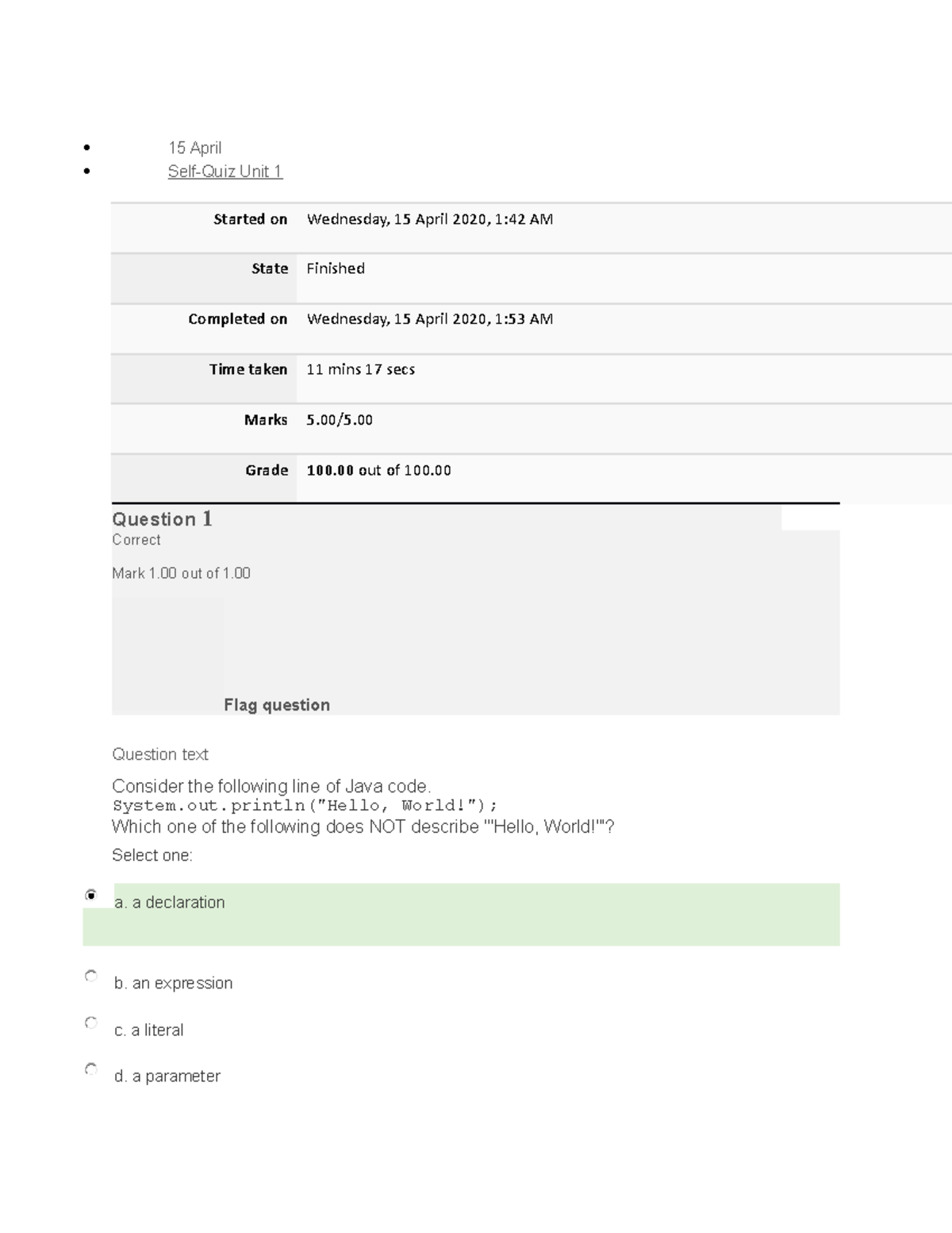 CS1102 Sel Quiz.1 docx - CS 1102 - 15 April Self-Quiz Unit 1 Started on Wednesday, 15 April ...