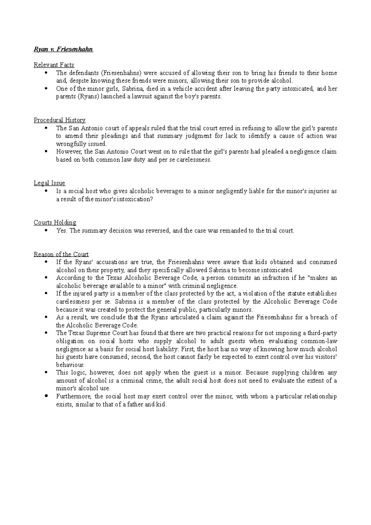 Ryan v. Friesenhahn - case brief - Ryan v. Friesenhahn Relevant Facts ...