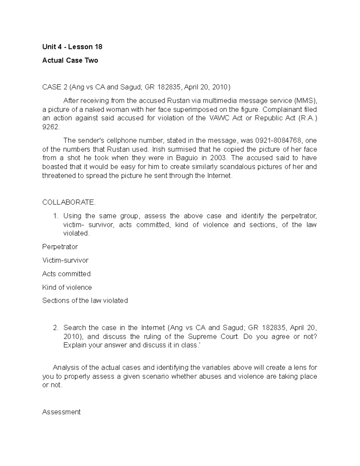 Actual Case Two - Unit 4 - Lesson 18 Actual Case Two CASE 2 (Ang vs CA ...
