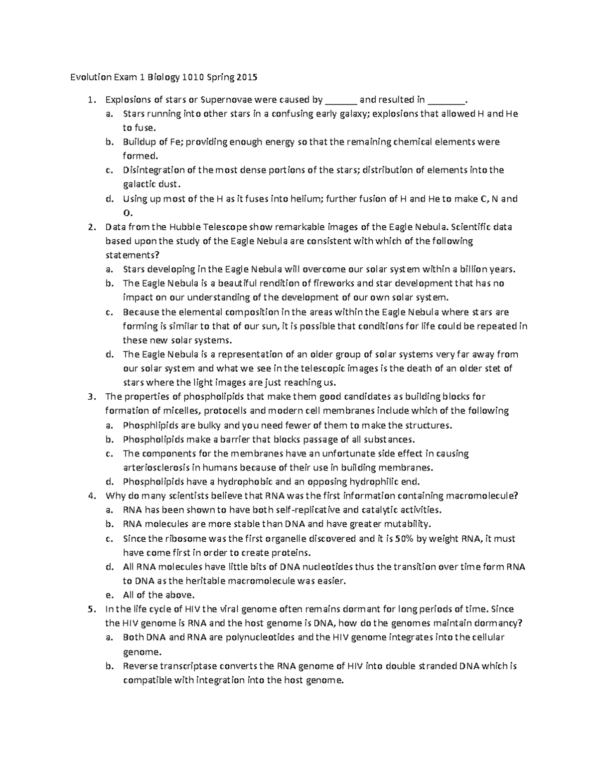 Evolution Exam 1 - Spring 2015 - Evolution Exam 1 Biology 1010 Spring ...