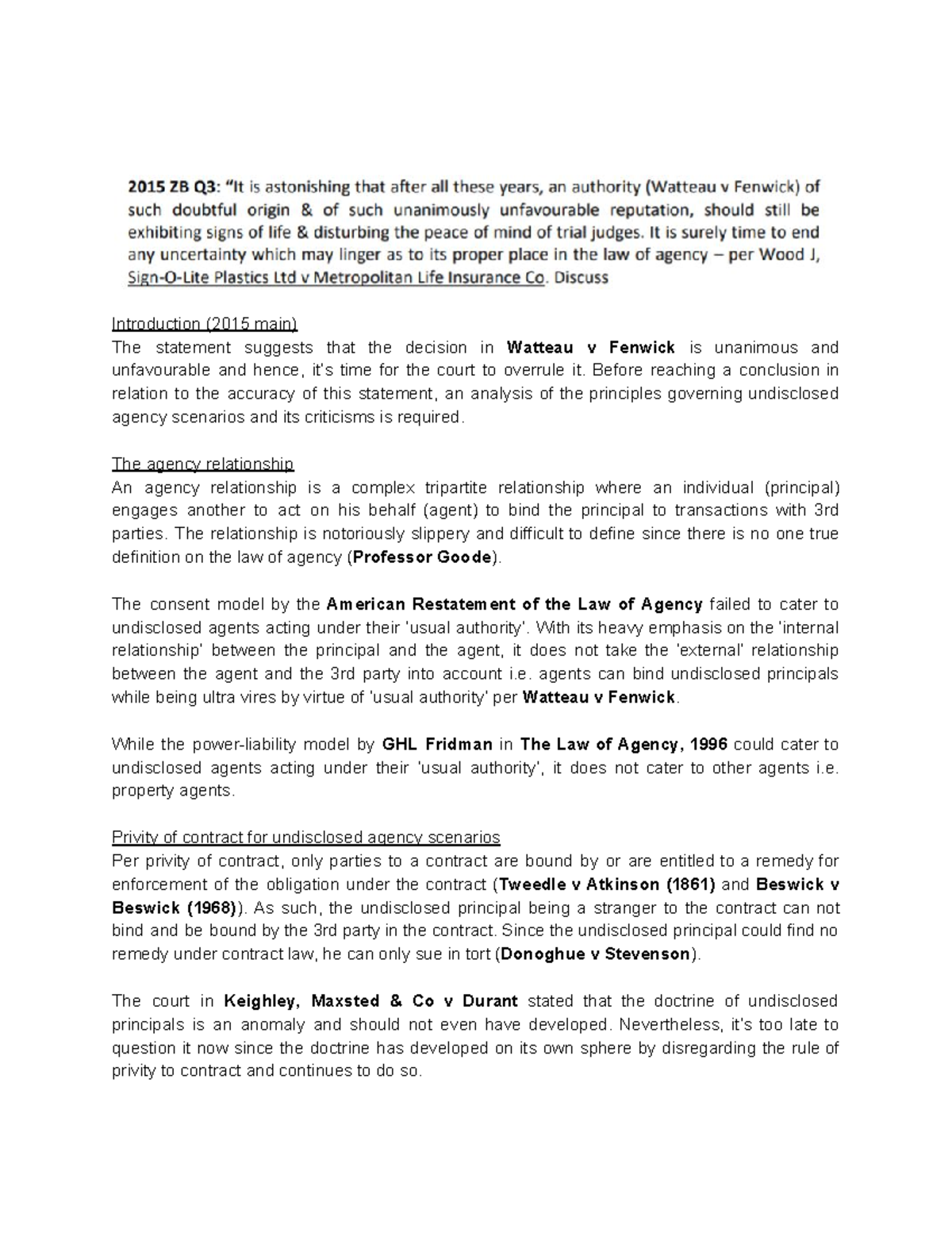 Agency (undisclosed) essay - Introduction (2015 main) The statement ...