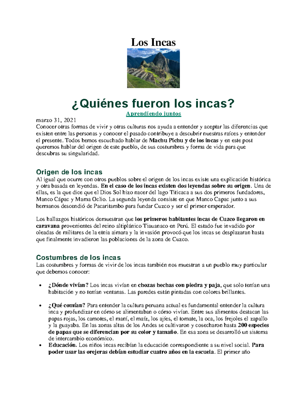 Los Incas 1 - helpful for spanish oral - Los Incas ¿Quiénes fueron los ...