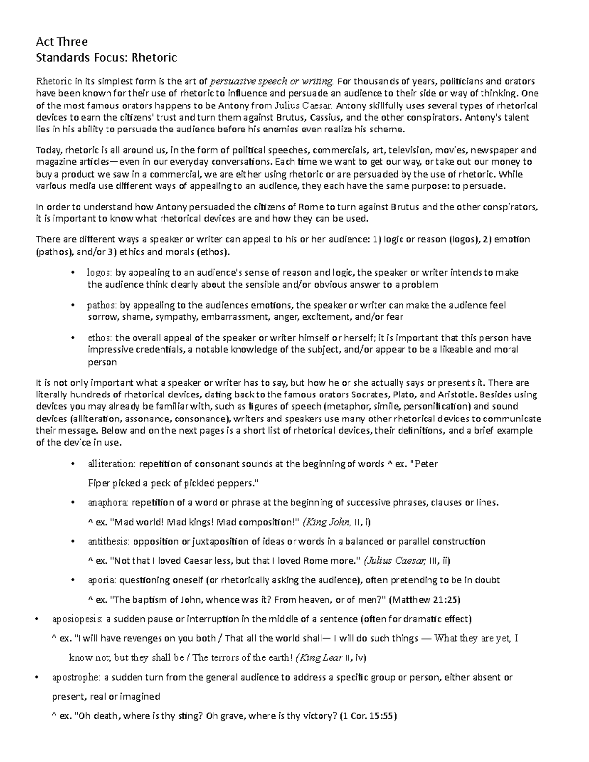 Act III Rhetoric Activity Handout - Act Three Standards Focus: Rhetoric ...