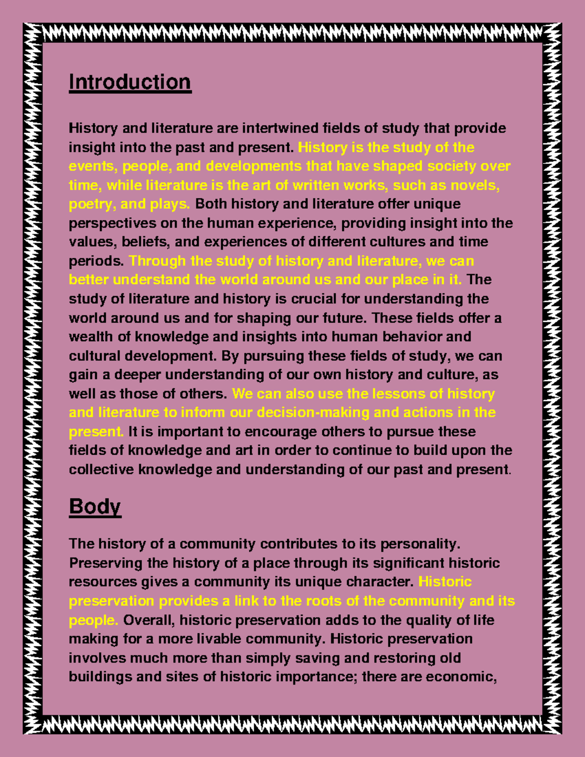 English Content Project - Introduction History and literature are ...