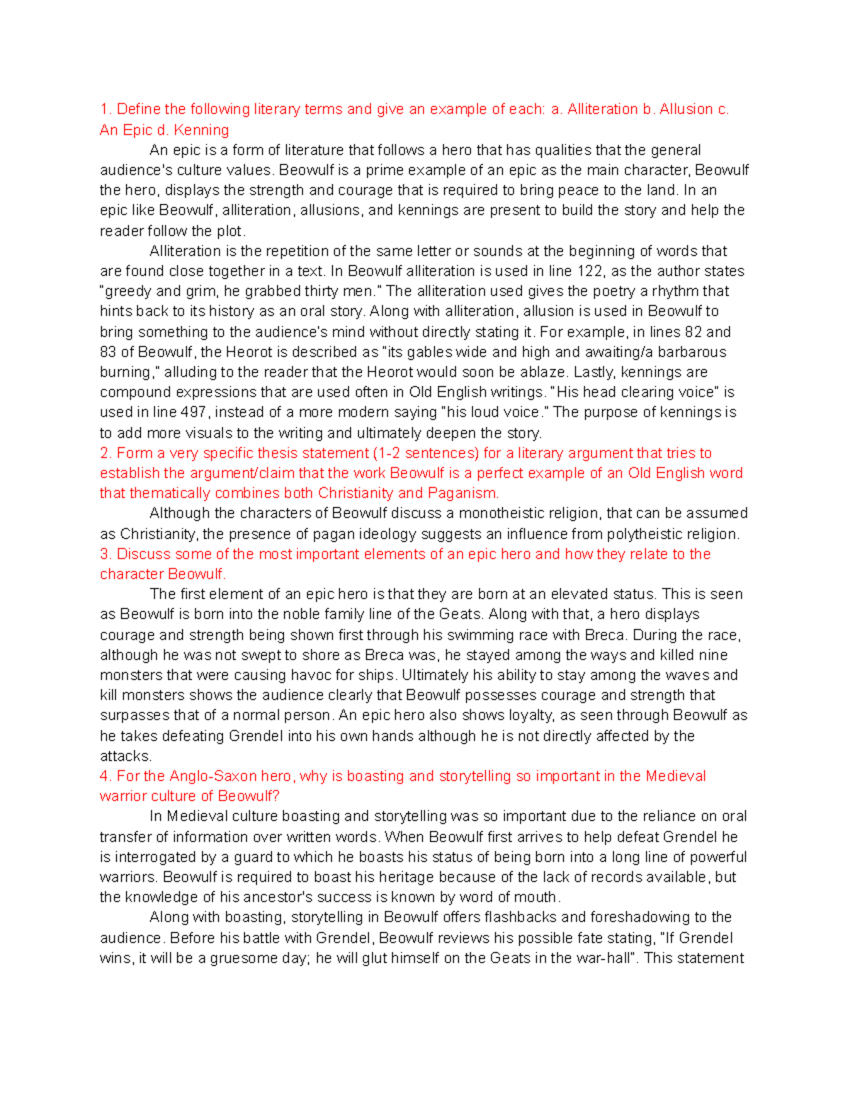 Unit 2 Beowulf - Define the following literary terms and give an ...