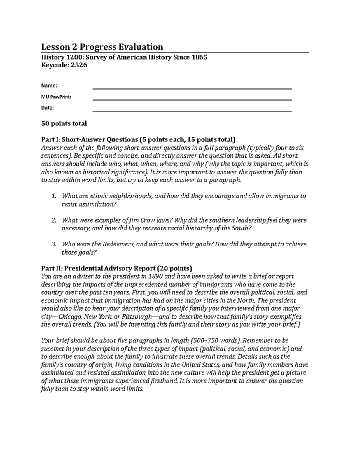 PE-02 - notes - Lesson 2 Progress Evaluation History 1200: Survey of ...