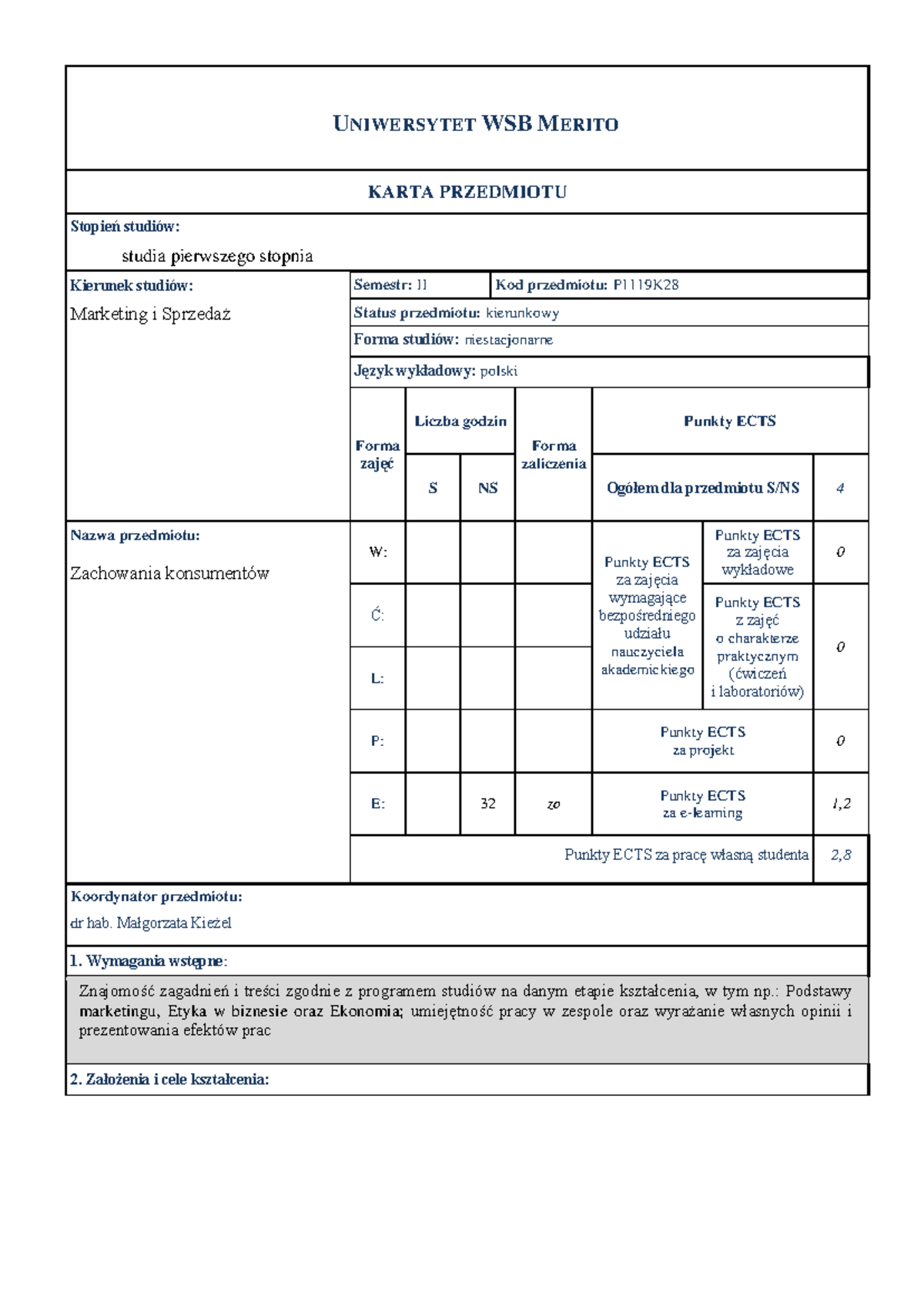 Karta przedmiotu - UNIWERSYTET WSB MERITO KARTA PRZEDMIOTU Stopień studiów: studia pierwszego ...