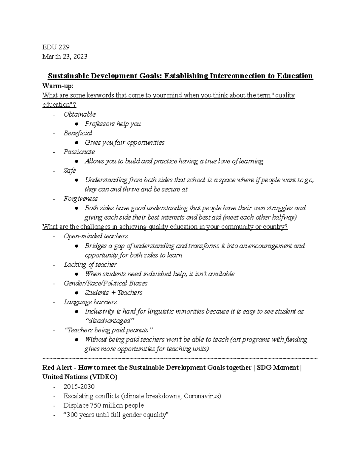 EDU - Notes for first class - EDU 229 March 23, 2023 Sustainable ...