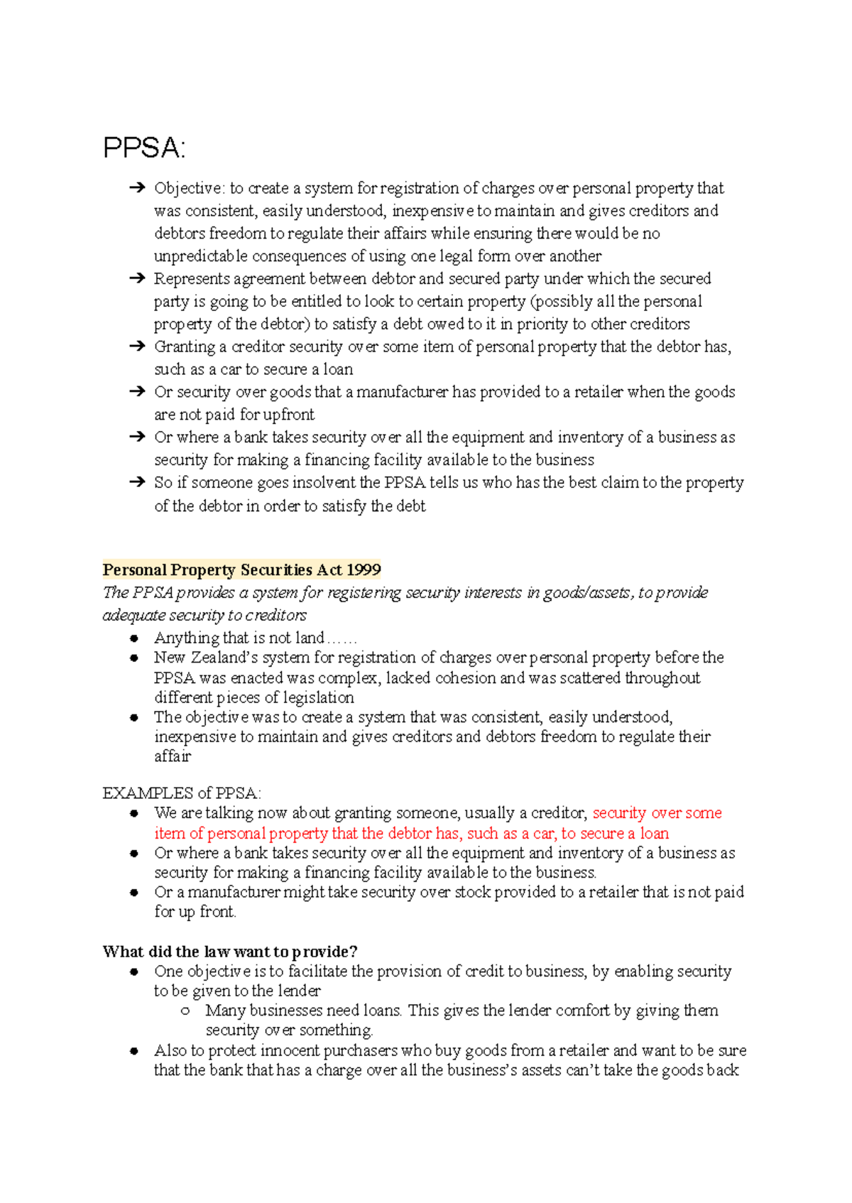 PPSA Cheatsheet - Summary Property Law - PPSA: Objective: to create a ...