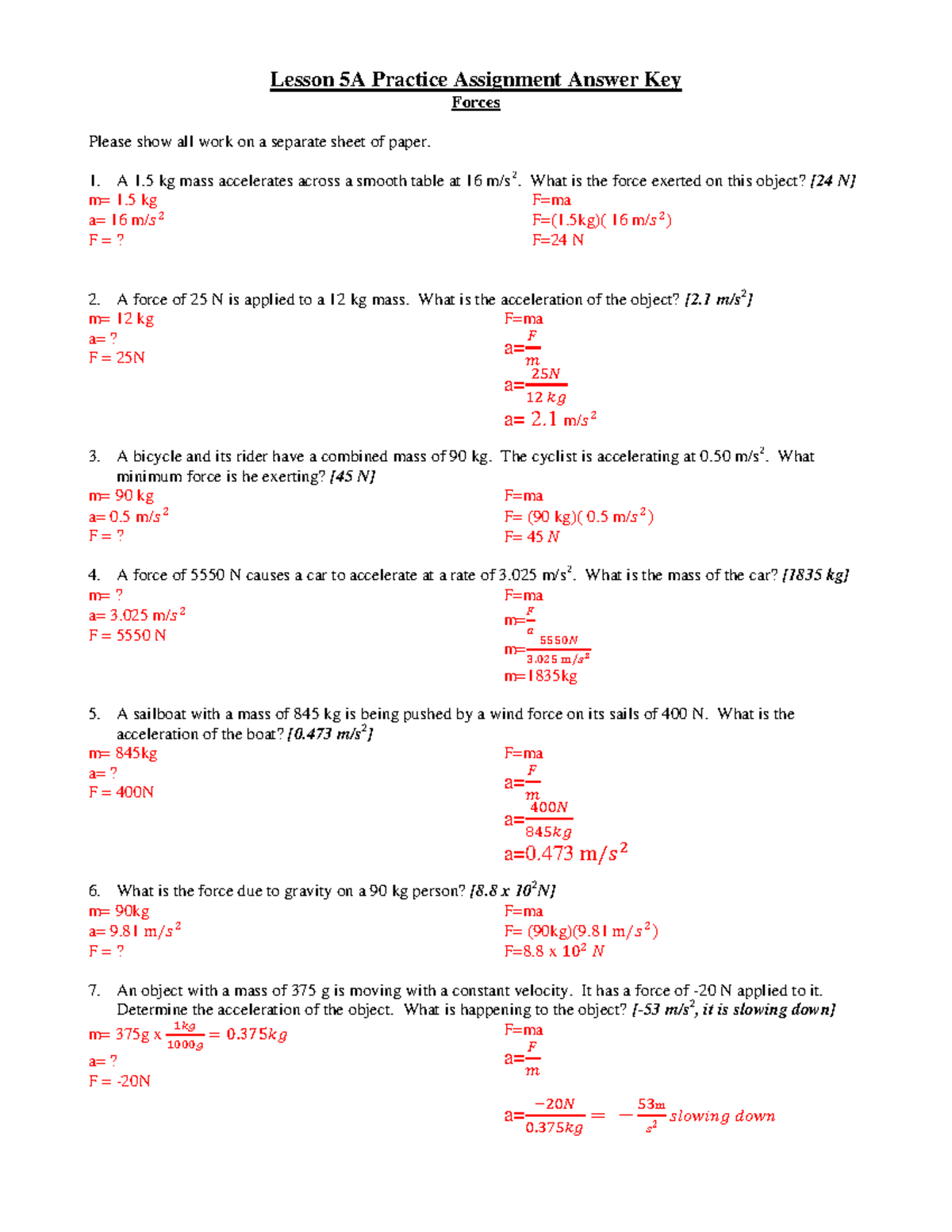 KEY - 5A Force and Motion - Lesson 5A Practice Assignment Answer Key ...