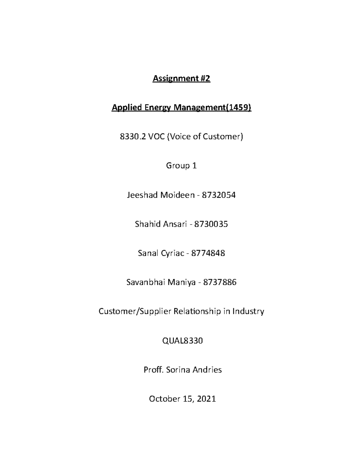 Assignment#2 VOC - voice of customer - Assignment Applied Energy ...