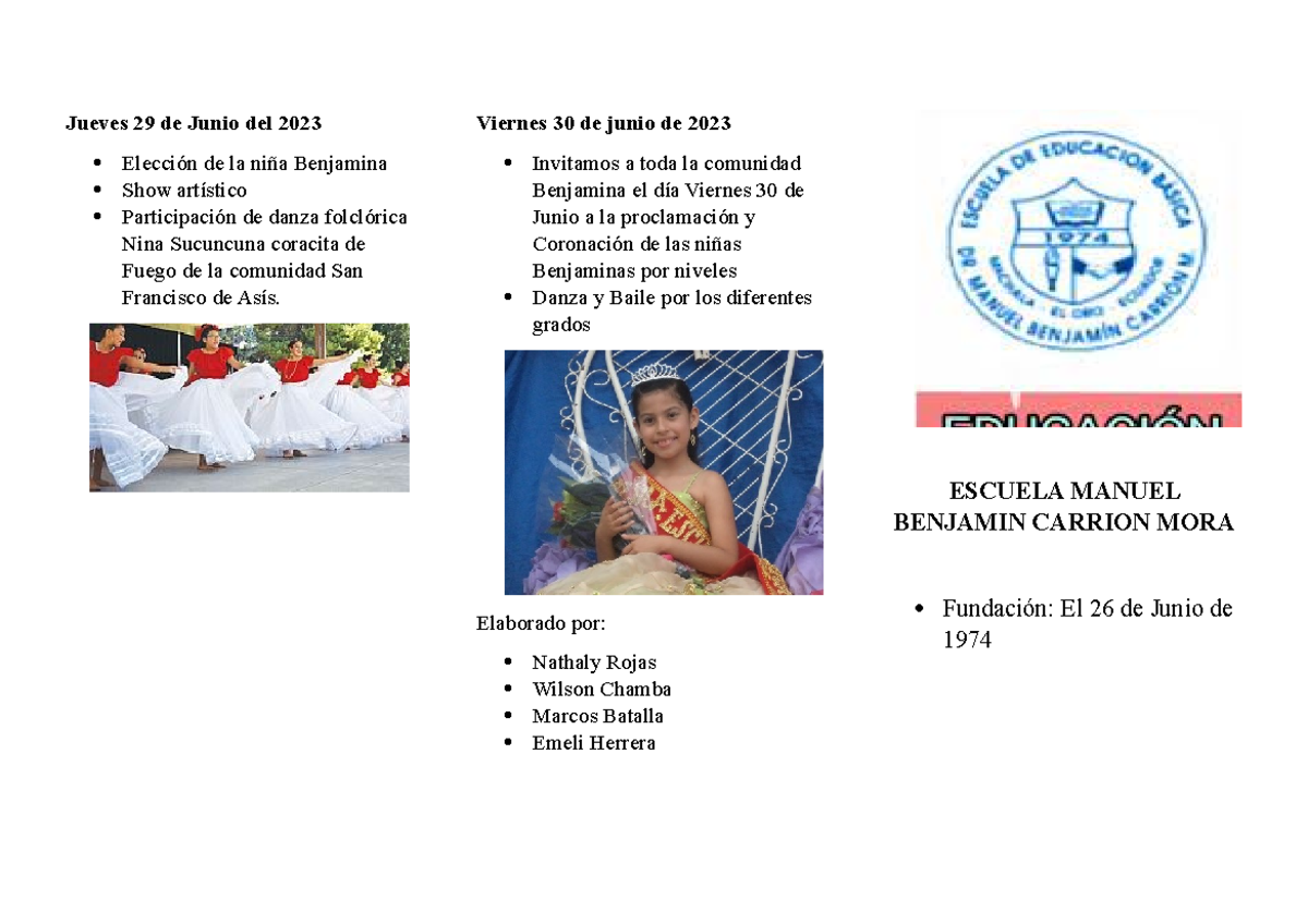 Escuela Manuel Benjamin Carrion MORA - Jueves 29 de Junio del 2023 ...