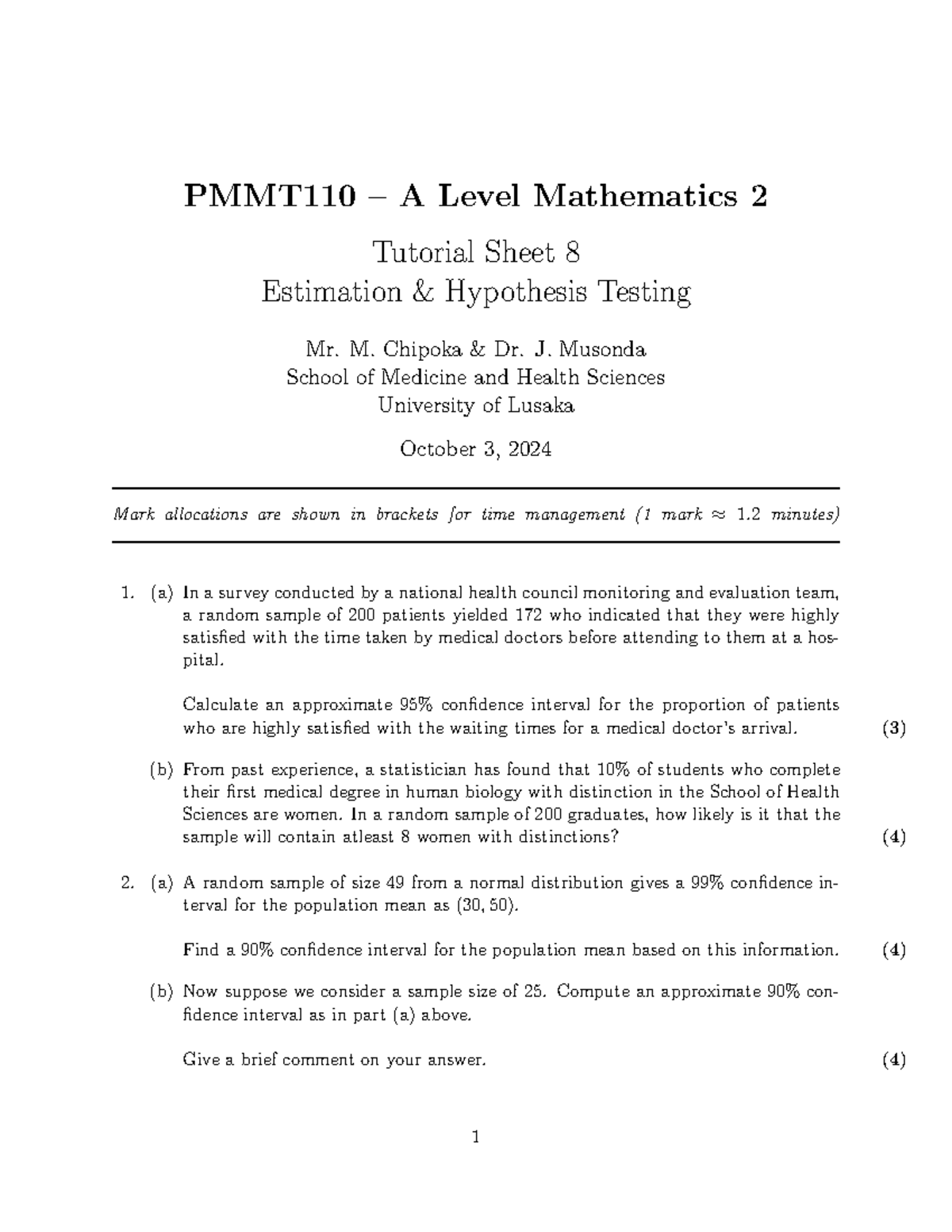 PMMT110 Tutorial Sheet 8 - PMMT110 – A Level Mathematics 2 Tutorial Sheet 8 Estimation & - Studocu