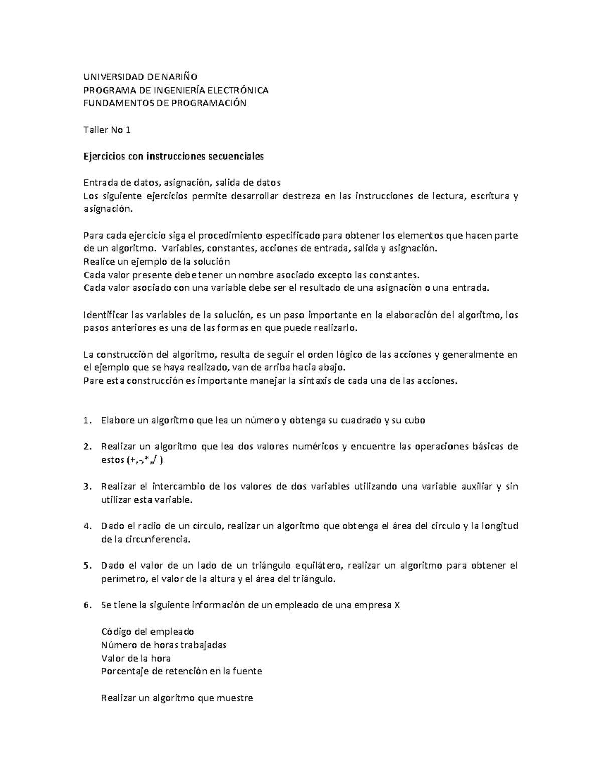 Taller 1-Fundamentos de programacion - Warning: TT: undefined function: 32 UNIVERSIDAD DE NARIÑO ...