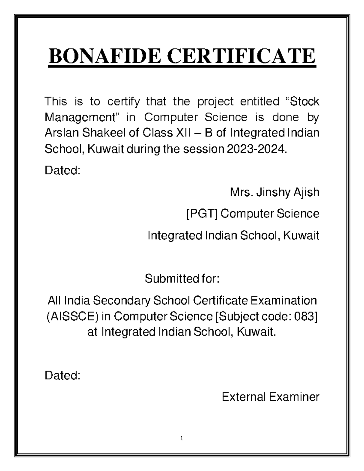 CS Practical Record Black and White - BONAFIDE CERTIFICATE This is to ...