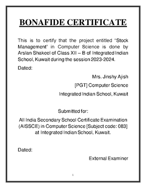 Class XII Computer Science MS - FIRST TERM EXAMINATION 202 3 - 24 COMPUTER SCIENCE (CODE: 083 ...