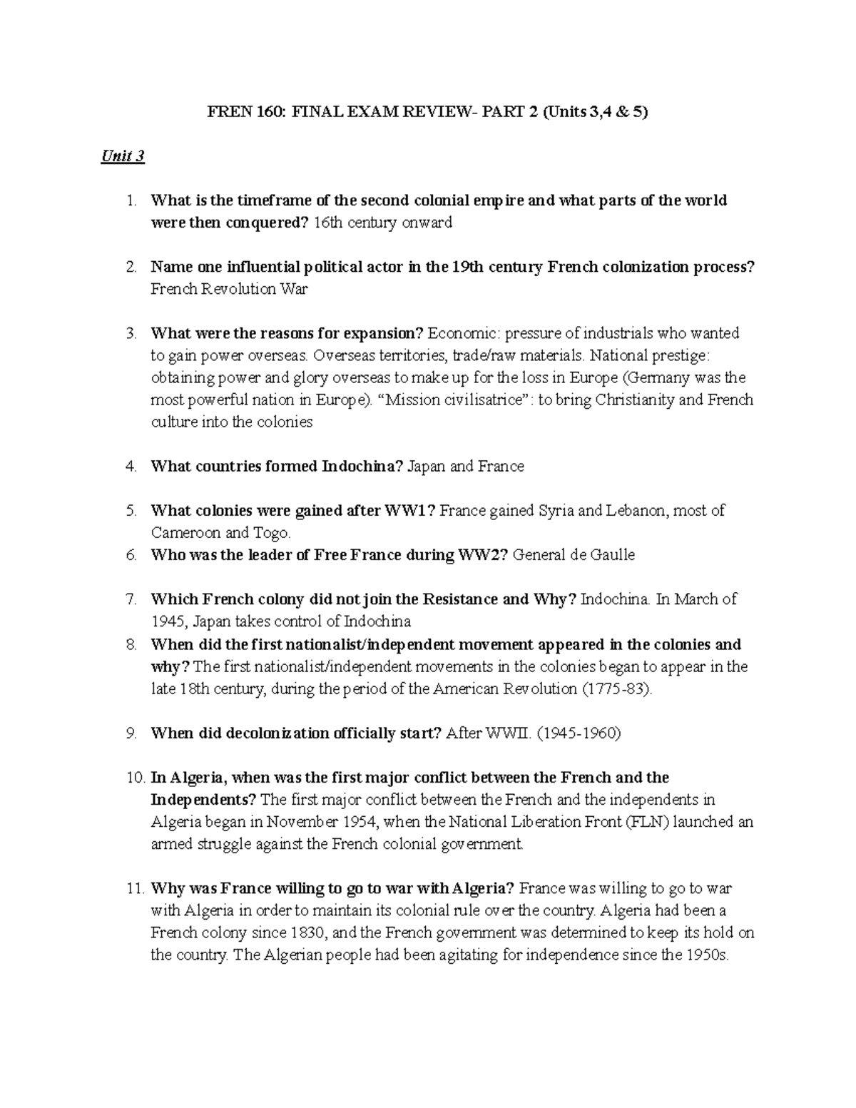 Final Exam part 2 - Exam part 2 study guide - FREN 160: FINAL EXAM ...