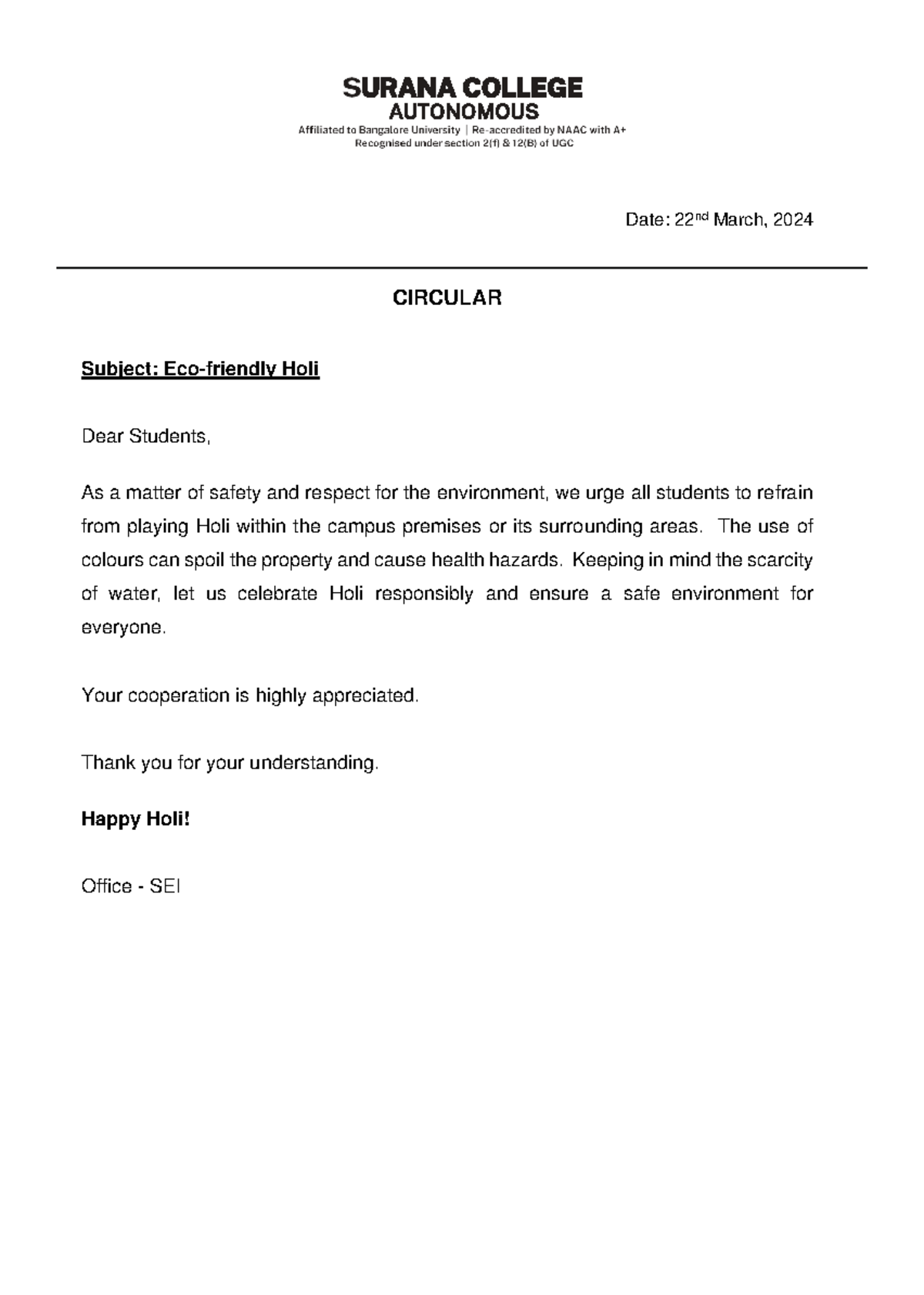Holi-Circular - Date: 22 nd March, 2024 CIRCULAR Subject: Eco-friendly ...