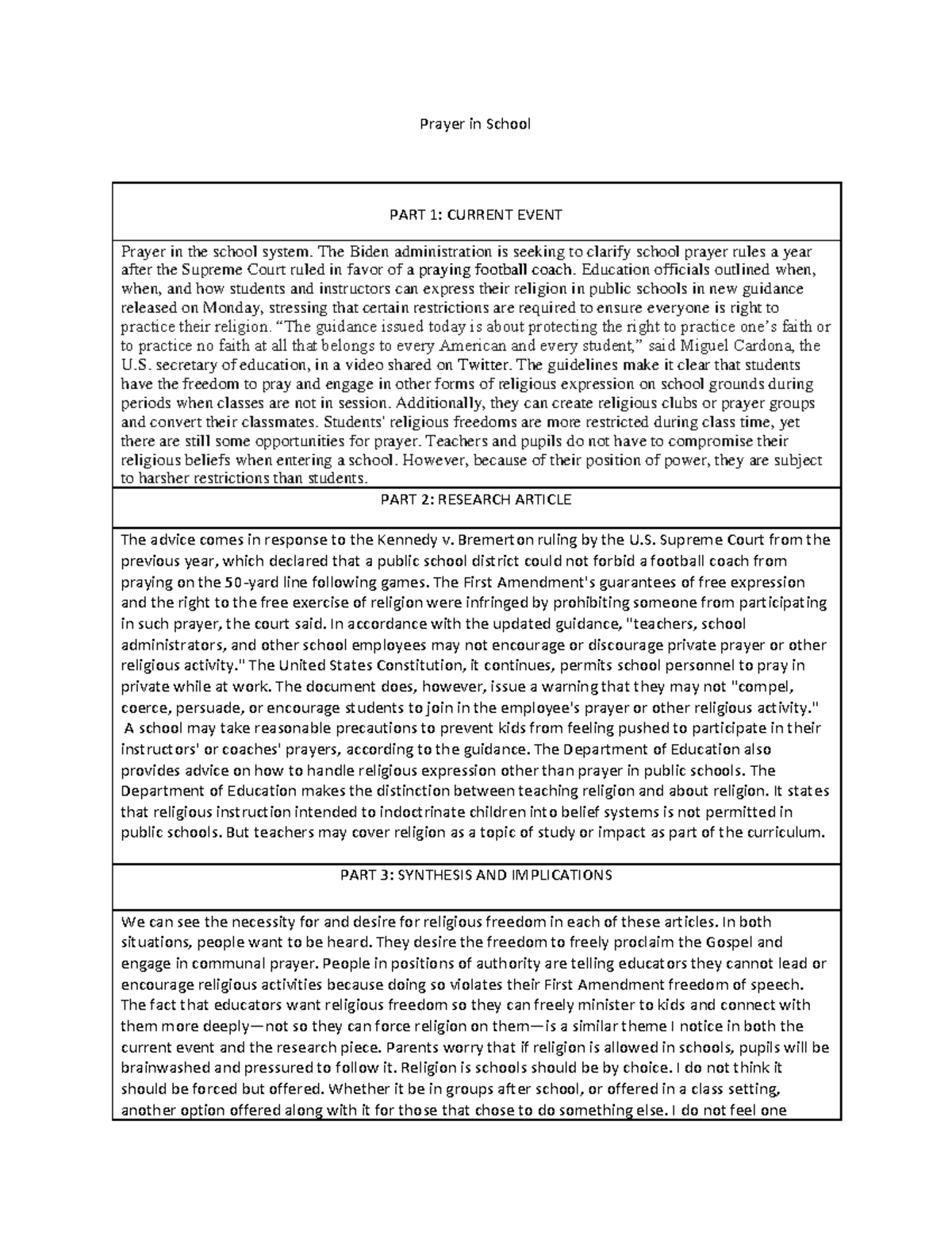 Document 43 - HOMEWORK ASSIGNMENTS - Prayer in School PART 1: CURRENT ...