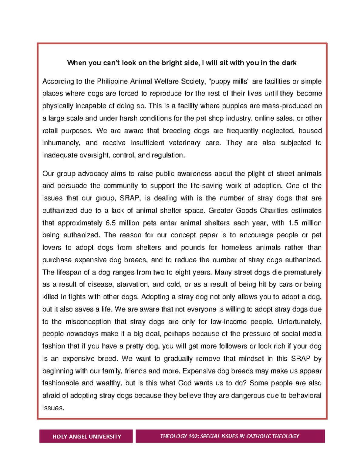 Group 1 - Position Paper - THEOLOGY 102: SPECIAL ISSUES IN CATHOLIC ...